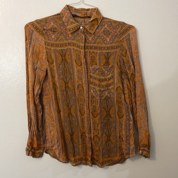 Zara | Tops | Zara Basic Button Down Long Sleeve Small Orange Print Shirt Blouse With Pocket ...